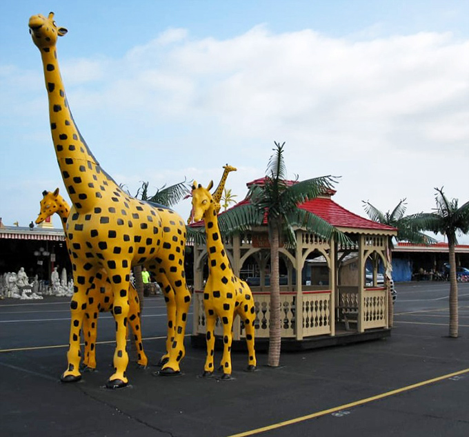 Life-sized giraffe statues and a gazebo&mdash;because nothing says "I had a successful shopping trip" like bringing home a 15-foot safari souvenir.