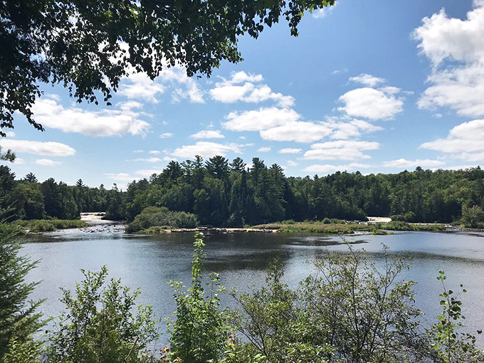 A tranquil moment between falls, where the river catches its breath before its next dramatic plunge through Michigan's wilderness.