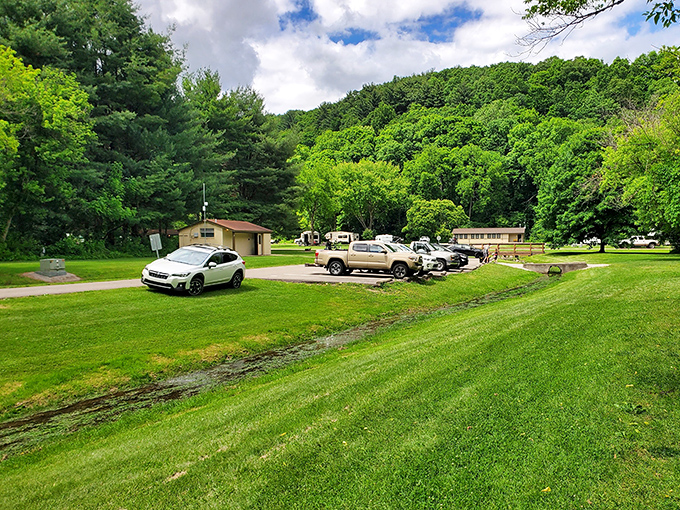 The unassuming entrance to adventure: This simple parking area is where ordinary life ends and Mohican memories begin.