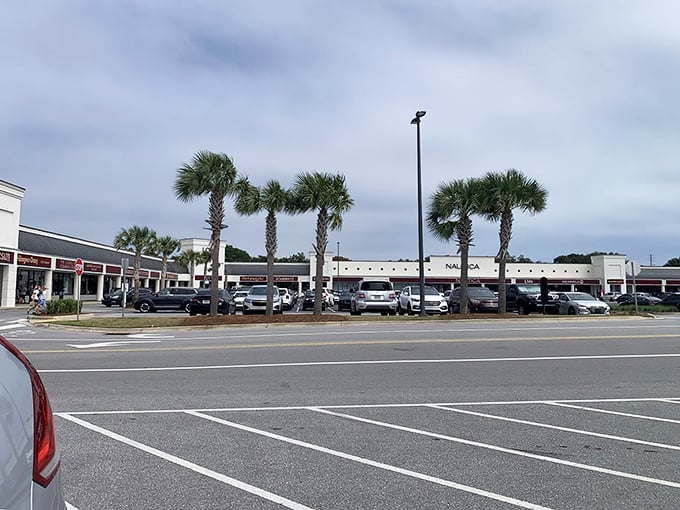 Palm trees stand sentinel over rows of parked cars, each holding the promise of trunk space soon to be filled with shopping conquests.