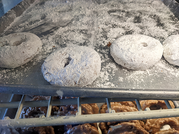 Powdered donuts waiting for their moment of glory. Like tiny snowcapped mountains of joy that leave evidence on your shirt.
