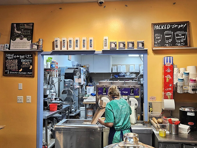 Behind the scenes where frozen magic is crafted. Like Willy Wonka's factory, but with better health code ratings.