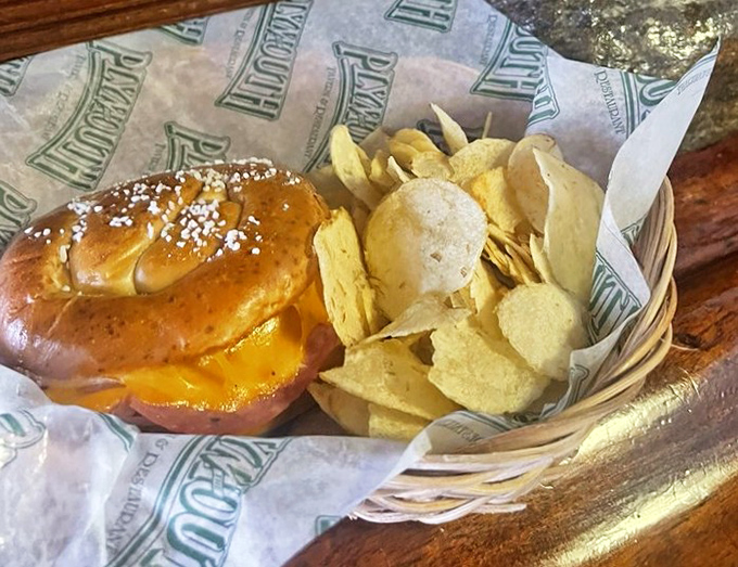 A pretzel that's achieved the golden-brown perfection we all aspire to, paired with chips that know their supporting role.