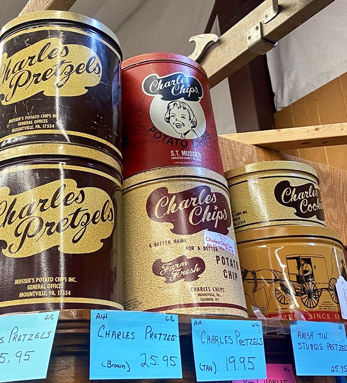 Charles Chips, anyone? These vintage tins recall an era when snacks arrived at your doorstep in reusable containers, not single-use plastic bags.