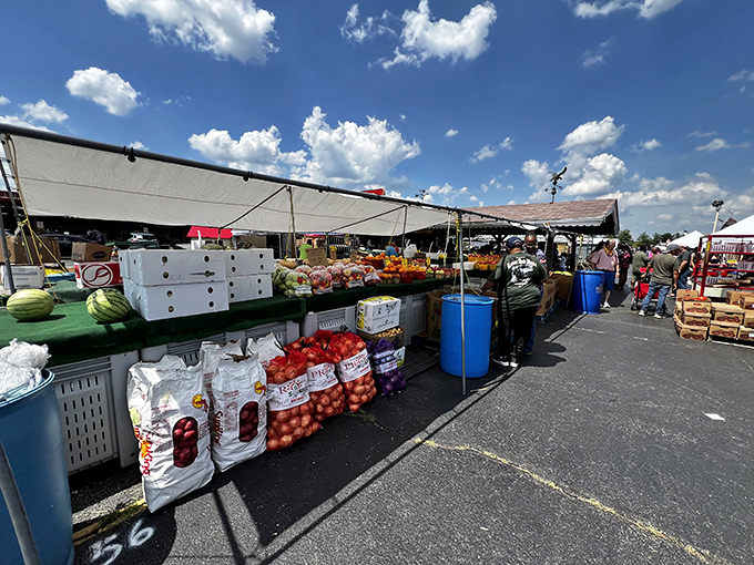 Fresh produce vendors bring farm-to-market simplicity amid the collectibles chaos, offering shoppers a chance to fill their pantries while emptying their wallets elsewhere.