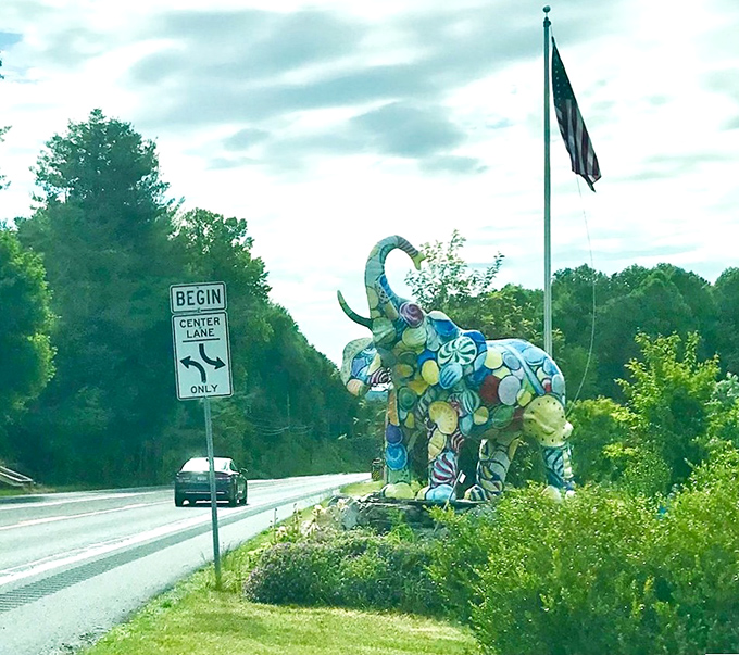 This colorful roadside elephant sculpture announces your arrival to paradise. Made from candy wrappers, it's recycling at its sweetest.