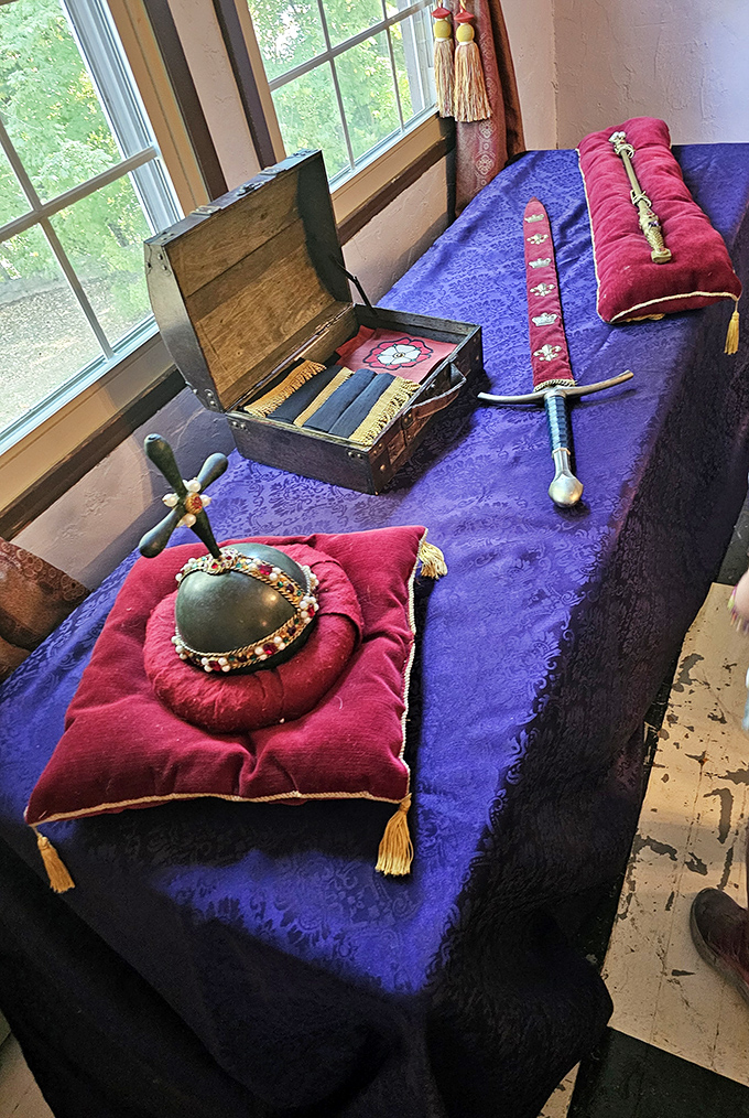 Medieval artifacts on display offer visitors a tangible connection to the era that inspired this architectural gem in the Illinois countryside.