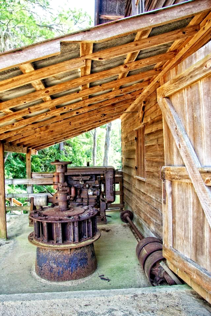 Engineering from another era: the mill's rusty mechanisms tell stories of ingenuity and craftsmanship that powered rural Georgia life.