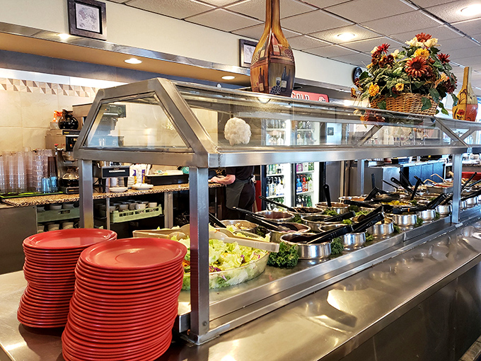 The salad bar stretches invitingly, offering fresh options that prove healthy eating doesn't mean sacrificing flavor or fun.