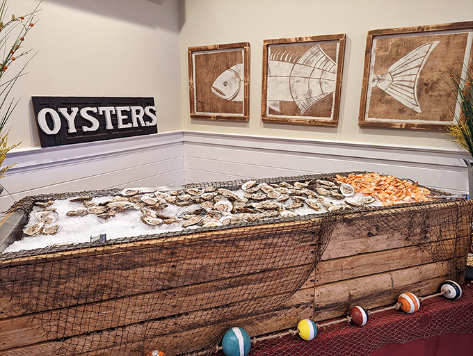 Fresh oysters displayed like pearls in their shells, ready to transport you straight to Chesapeake bliss.