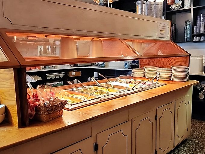 The buffet counter stands ready for action like a starting line for the most delicious marathon you'll ever run&mdash;pace yourself, there's pie at the finish.