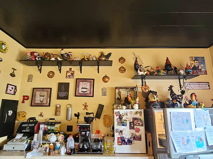 The counter display is a museum of breakfast memorabilia—where roosters reign supreme and coffee flows like liquid optimism.