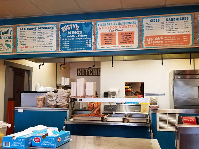 Where seafood dreams come true. The counter's blue panels and ship's wheel transport you to a coastal shack miles from the nearest ocean.