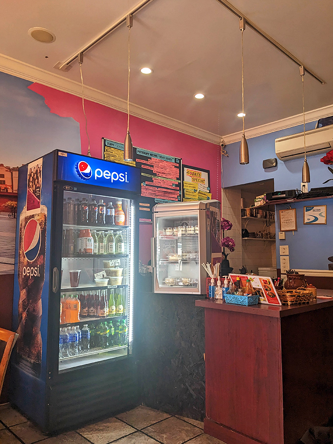 The beverage station stands ready for thirsty diners. In Poland, a meal without a drink is like Pittsburgh without steel.