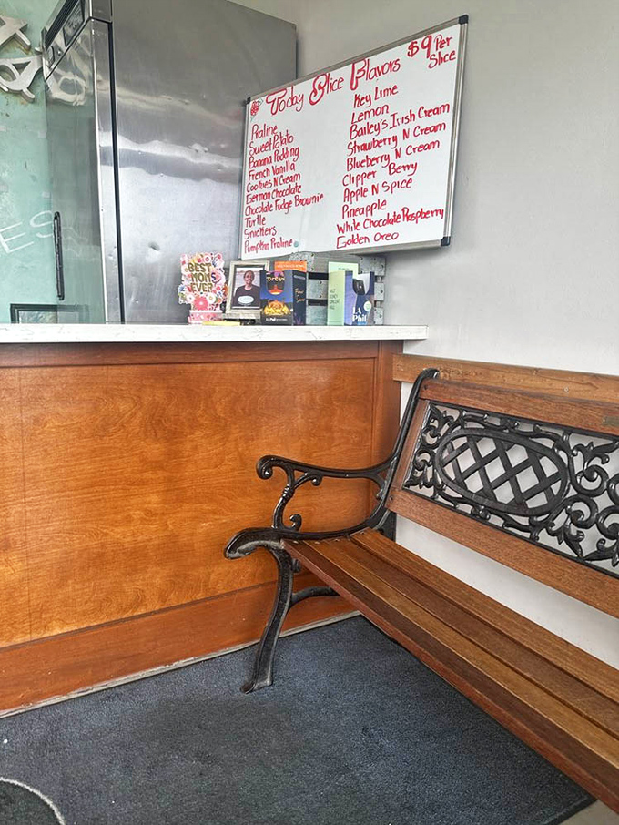 A wooden bench awaits while you contemplate life's most important question: which of today's slice flavors will change your life forever?