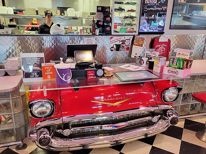 That vintage Chevy front end isn't just a counter&mdash;it's automotive history repurposed to serve up slices of pie and nostalgic smiles.