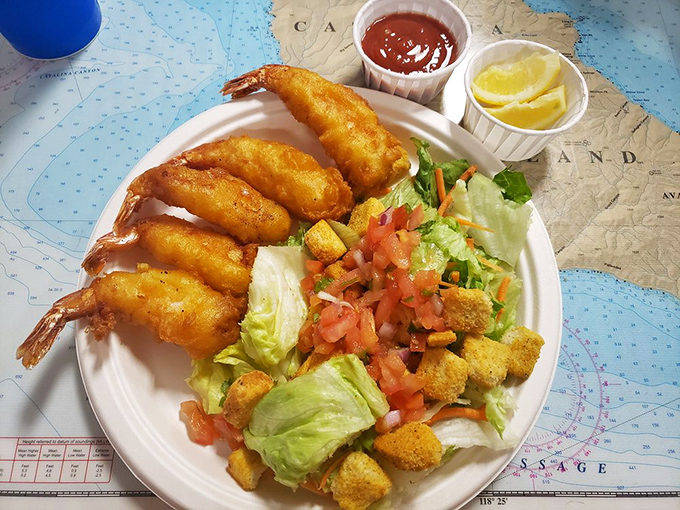 Jumbo shrimp and fresh salad&mdash;for when you want to feel virtuous while still indulging in golden-fried ocean treasures. The seafood equivalent of having your cake and eating it too.