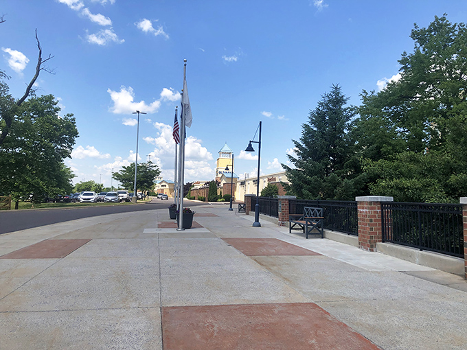 Meticulously maintained walkways and patriotic touches remind you that bargain hunting is practically an American pastime.