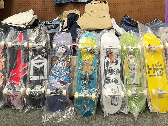 Brand new skateboards wrapped and ready to roll, proving this market caters to adventurers of every age.