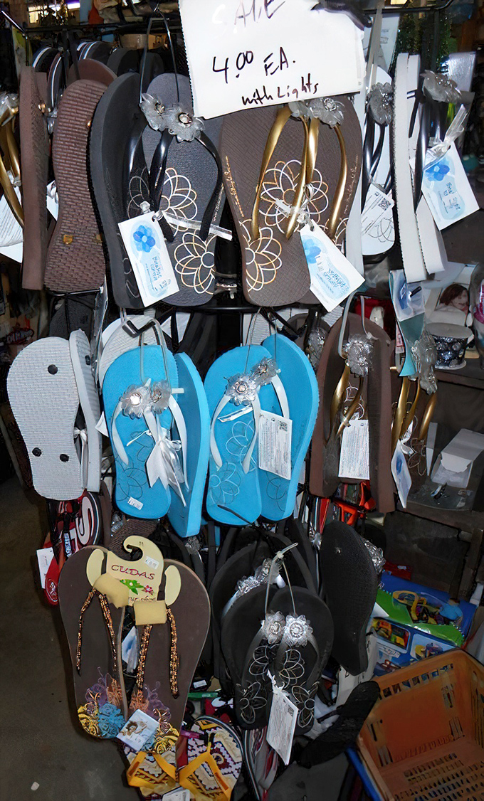 Beach-ready flip-flops adorned with unexpected bling&mdash;summer fashion statements at winter clearance prices.