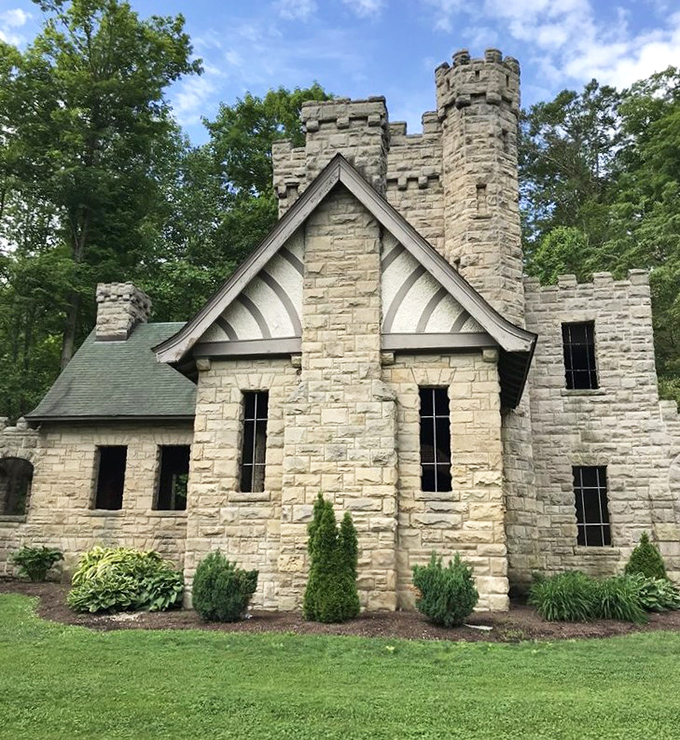 Architectural details shine in summer light, showcasing the blend of medieval inspiration and American craftsmanship that makes Squire's Castle so distinctive.