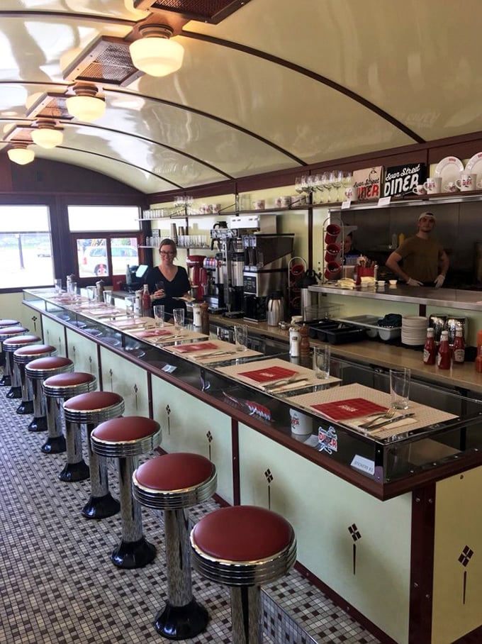 The counter seats offer front-row viewing to breakfast theater, where eggs and hash browns are the stars.