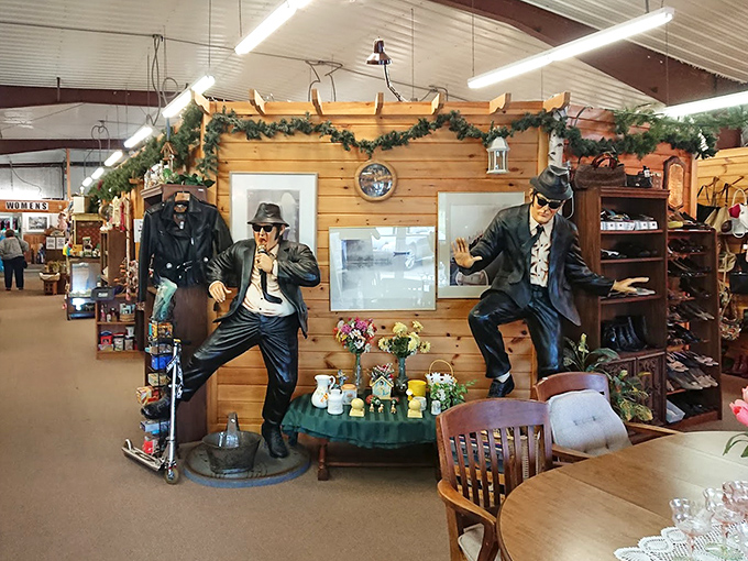 The Blues Brothers statues stand guard over treasures&mdash;silent sentinels with impeccable taste in hats and an appreciation for vintage finds.