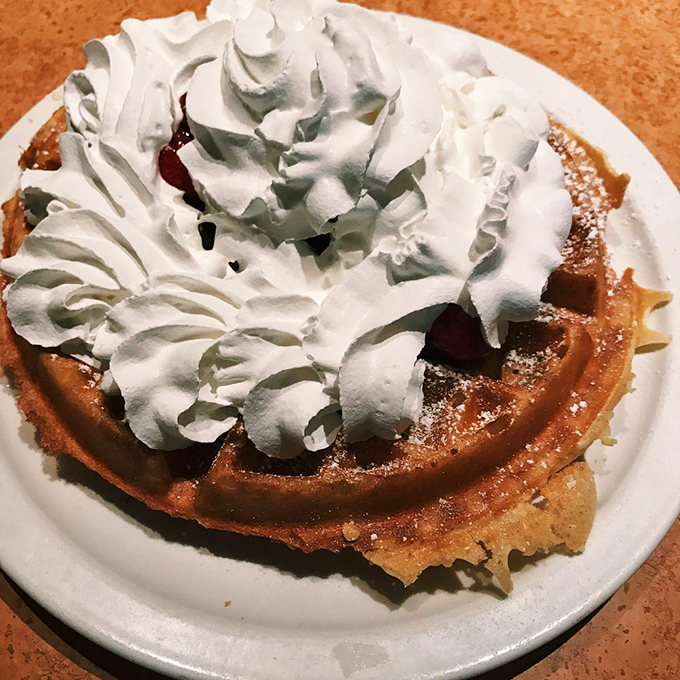 A waffle mountain topped with a whipped cream snowcap. If clouds were dessert, they'd be jealous of this fluffy masterpiece.
