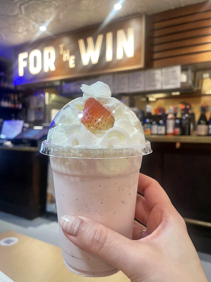 A strawberry milkshake topped with the real deal&mdash;no artificial anything here. Thick enough to require serious straw strength.