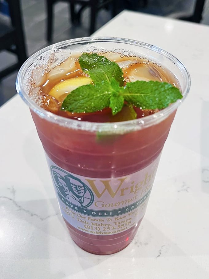 Sweet tea garnished with mint and lemon&mdash;Florida's version of champagne. The perfect companion to cut through all that sandwich richness.