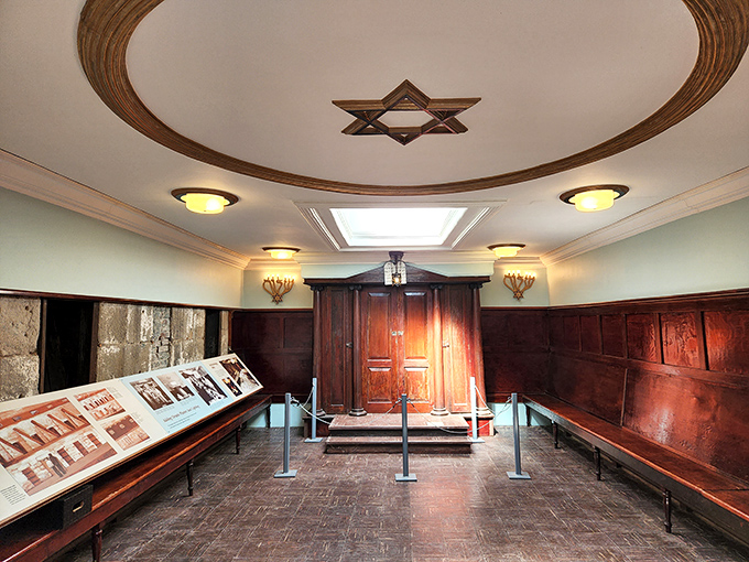 The prison synagogue stands as a testament to spiritual needs behind bars. The Star of David overhead watched over inmates seeking higher comfort.