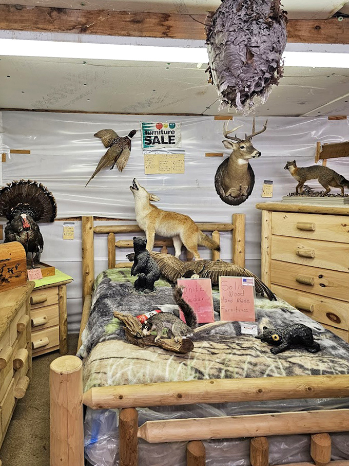 The taxidermy room&mdash;where wilderness meets interior design. That deer looks as surprised to be there as you are to find him.