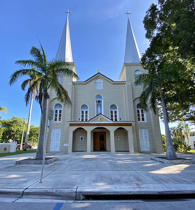 The Basilica of St. Mary Star of the Sea stands serene against the blue sky, its twin spires reaching heavenward like spiritual exclamation points.