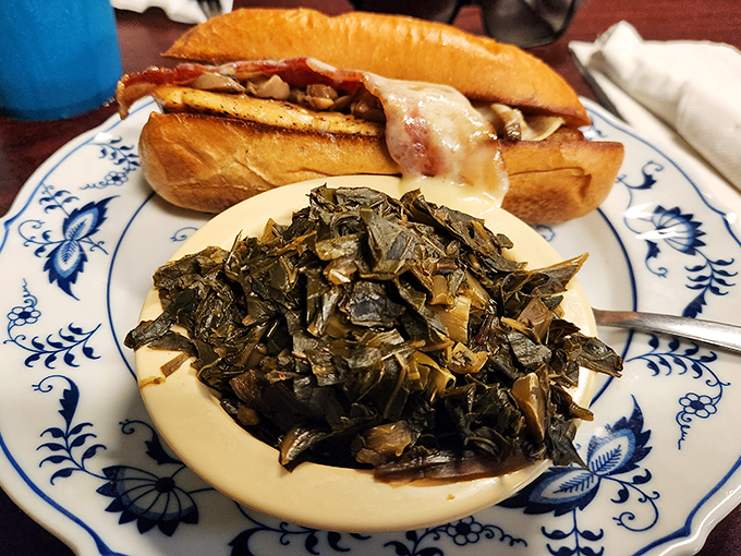 A sandwich that demands two hands and collard greens that would make any Southern grandmother nod in approval.