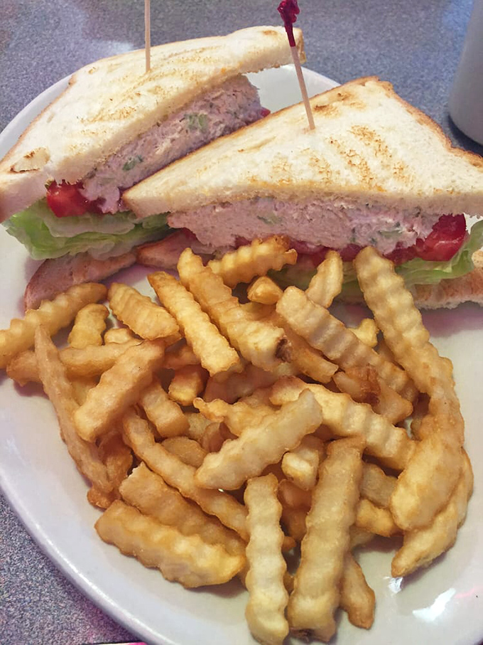 The humble tuna sandwich, elevated to art form. Those golden fries are the exclamation points at the end of a delicious sentence.