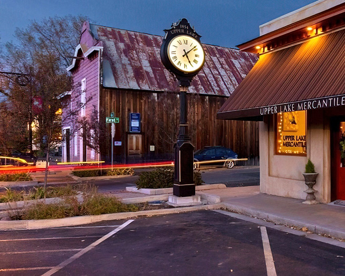 The Upper Lake Mercantile glows at dusk, when the town clock reminds everyone it's time to wind down.