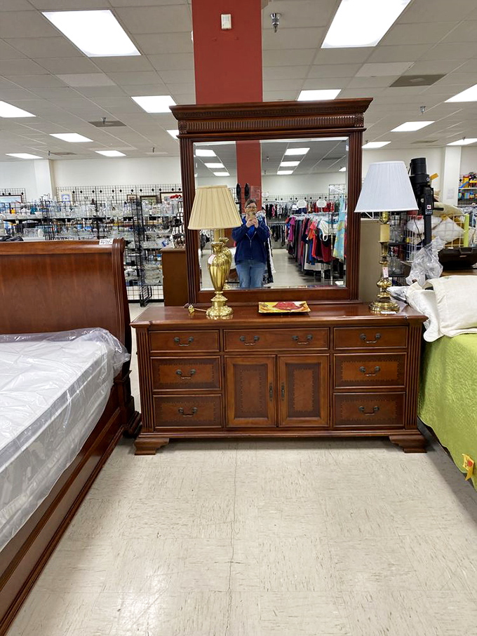 This dresser with mirror has reflected decades of outfit decisions—now it awaits yours with drawers ready for sweater season.