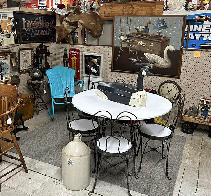 An ice cream parlor table surrounded by treasures from another era. Just add friends and imagine the conversations these chairs have heard.