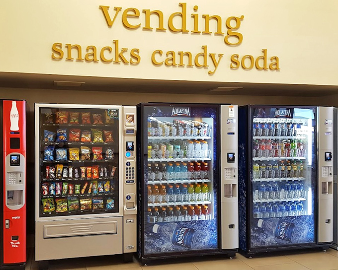 The vending area offers a quick sugar fix or caffeine boost when you need that second wind to tackle another round of stores.
