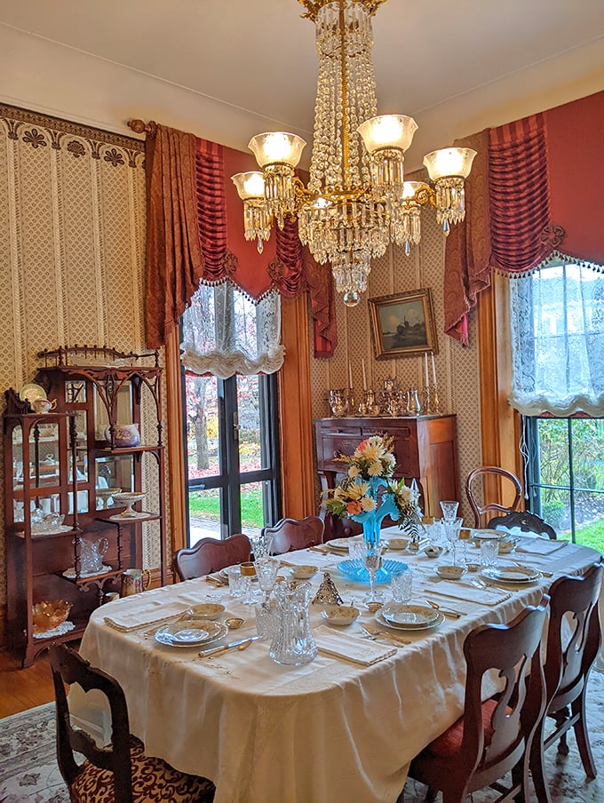 The formal dining room, set for an elegant meal, reminds us that "casual dining" once meant you might unbutton your top collar button.