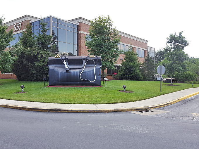 The Apex Medical Center provides the perfect backdrop for this whimsical sculpture, blending healthcare with a healthy dose of humor.
