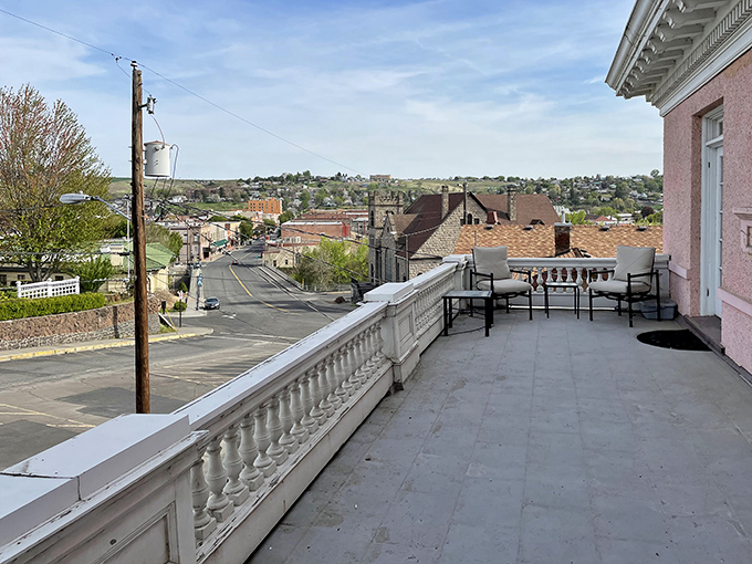 This elevated view from a historic building showcases Pendleton's layout, with streets that climb gentle hills and offer surprising vistas at every turn.
