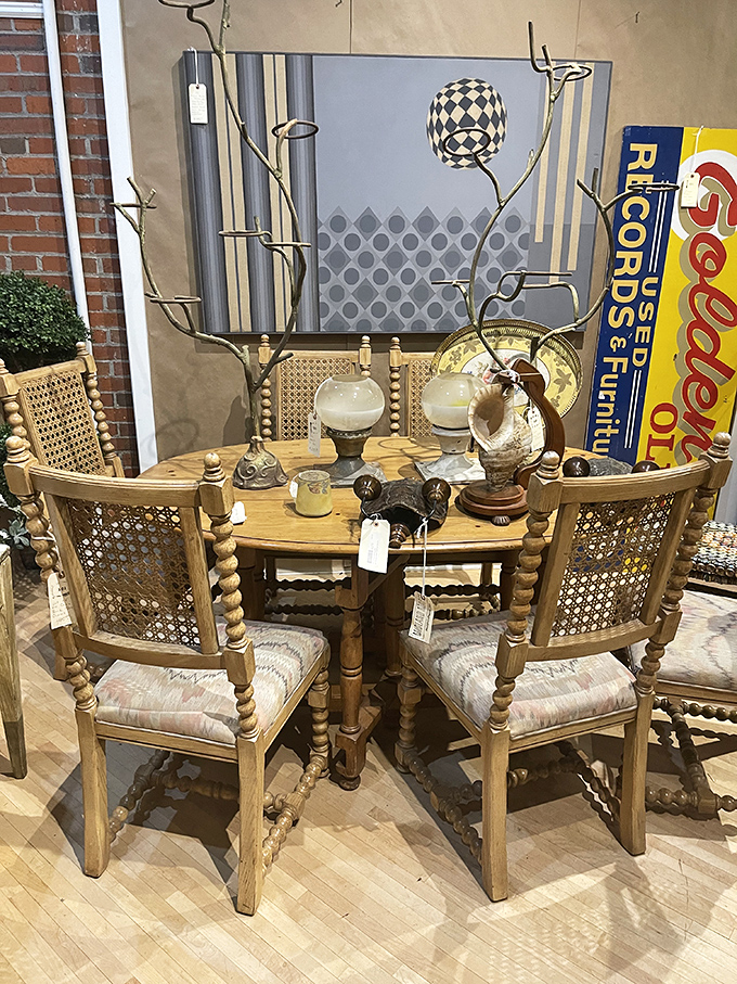 Barley twist details and cane backing make this dining set the perfect spot for pretending you're in a period drama.