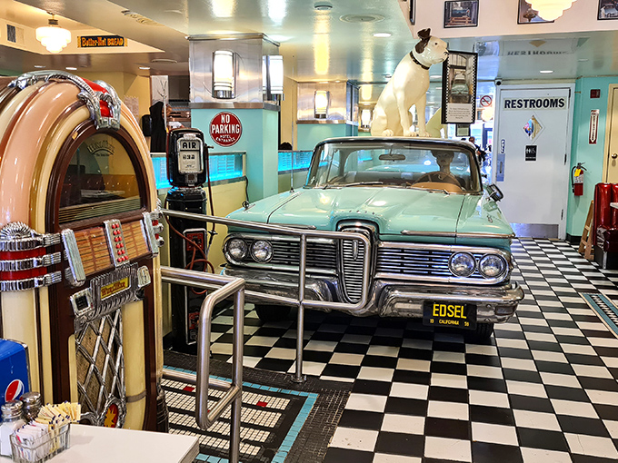 A vintage Edsel that's seen more meals than miles. In this diner, even the cars are invited to the table.