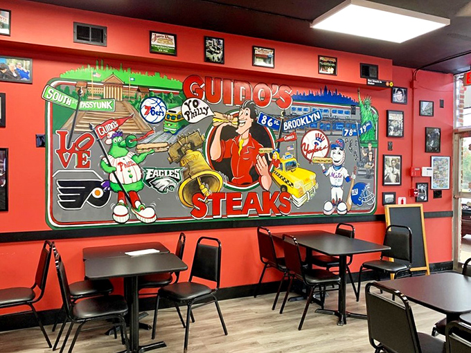 The wall mural tells Philly's sports story in vivid color, creating the perfect backdrop for passionate debates over Eagles' prospects.