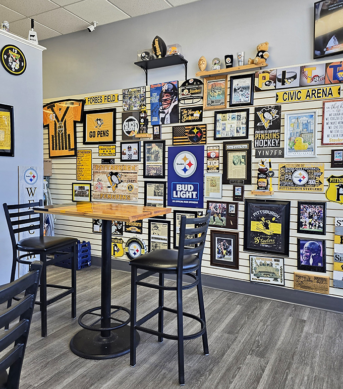 The wall of Pittsburgh sports memorabilia isn't just decoration—it's a shrine to local identity that flavors everything they make.