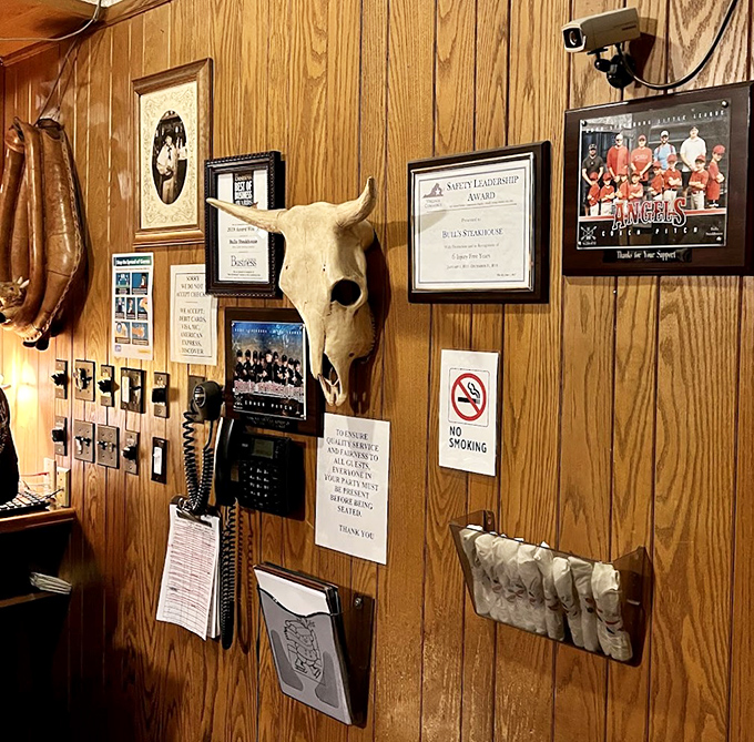 Every steakhouse needs its personality wall &ndash; awards, memorabilia, and that quintessential bull skull watching over diners like a benevolent spirit.