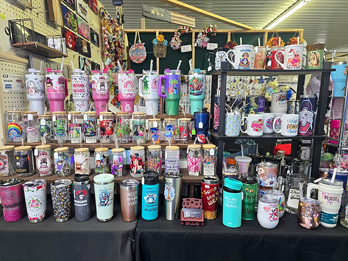 Tumbler heaven! Every color, every slogan, every possible way to keep your beverage at the perfect temperature while announcing your personality.