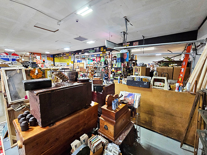 Organized chaos is an art form here &ndash; wooden furniture, vintage signs, and mysterious boxes create a three-dimensional "I Spy" game for adults.