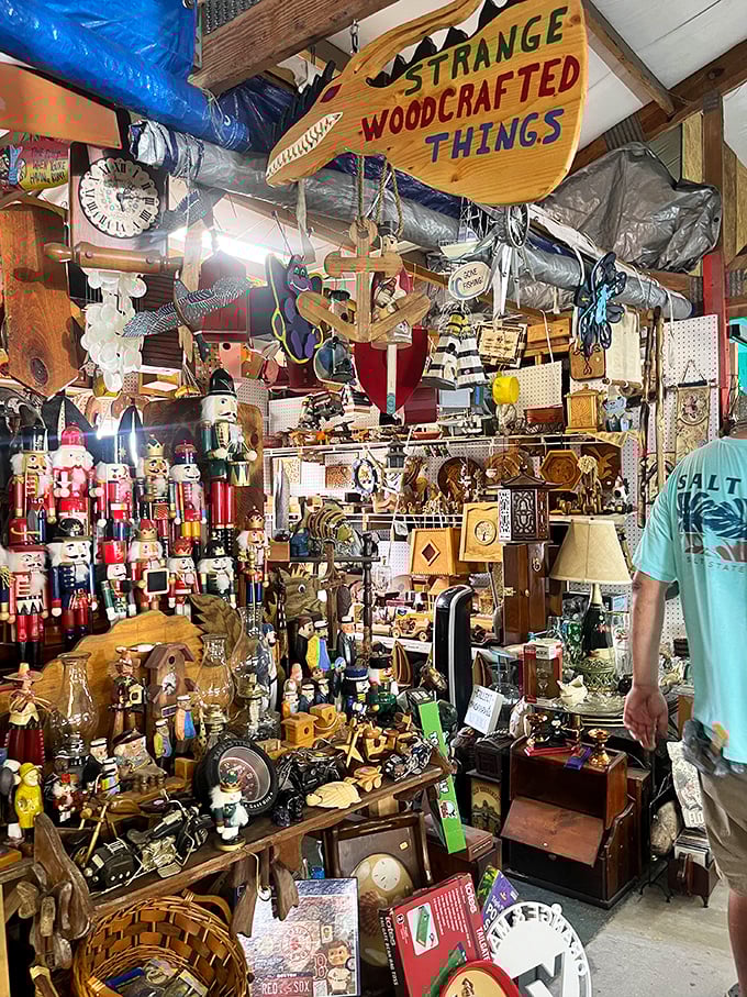 Strange Woodcrafted Things indeed! This booth is where nutcrackers, folk art, and handcrafted curiosities create a museum of whimsical Americana.